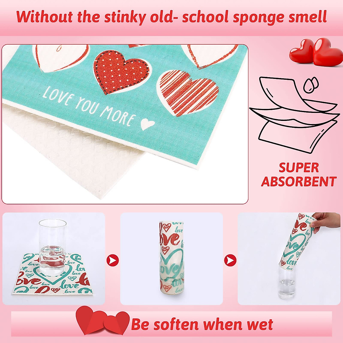 Whaline Valentine's Day Swedish Kitchen Dishcloth Blue Red Dish Towel Truck Love Heart Gnome Prints Valentine Hand Drying Tea Towel for Wedding Anniversary Cooking Baking, 6.7 x 7.7 in, 6Pcs