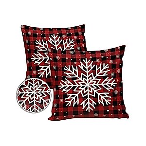 Outdoor Waterproof Throw Pillow Covers Set of 2,Christmas Snowflake Plaid Red Outdoor Pillow Covers Decorative Cushion Covers for Patio Funiture Garden,18 x 18 Inches,Winter Rustic Buffalo Checkered