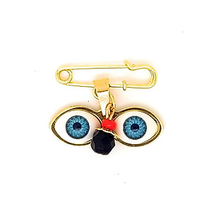14kt GP Eyes Of Saint Lucy, Lucky Charm, Azabache Protection Pin Brooch, Gold Stainless Steel - Ojitos De Santa Lucia Azabache Para Proteccion