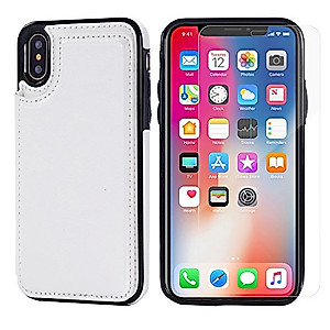 JOYAKI iPhone X/XS Wallet Case - Slim Leather with Card Holder & Free Screen Protector, 5.8 inch - White