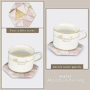 6 Pcs Pink Marble Coasters with Holder Gold Absorbent Drink Coasters Hexagon Cute Ceramic Table Coaster Set Decorative Bar Coasters Modern Coffee Cup Coasters