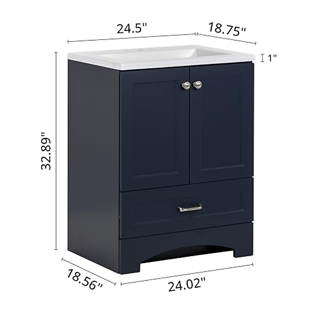 Spring Mill Cabinets Emlyn 24 Inch Bathroom Vanity with White Single Sink Top, 2-Door Cabinet, 1 Drawer, 24.5" W x 18.75" D x 32.89" H, Deep Blue