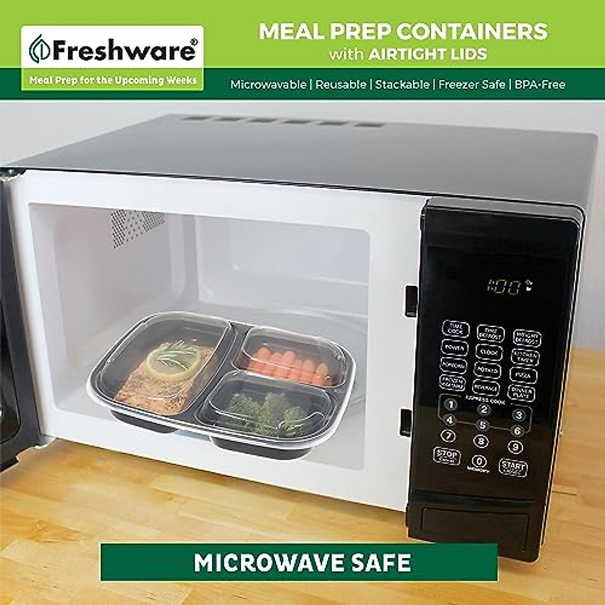 Freshware Meal Prep Containers [150 Pack] 3 Compartment with Lids, Food Storage Containers, Bento Box, BPA Free, Stackable, Microwave/Dishwasher/Freezer Safe (24 oz)