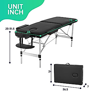 Aluminum Massage Table Portable Massage Bed Height Adjustable Spa Bed 2 Fold Facial Tattoo Salon Bed W/Face Cradle Carry Case (Black)