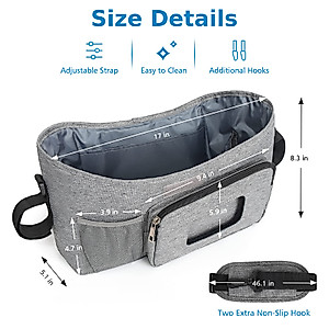 Accmor Universal Stroller Organizer with Insulated Cup Holder, Stroller Caddy Bag Accessories, Stroller Cup Holder Organizer for Uppababy Baby Jogger Britax Stroller, Grey