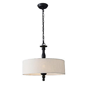 Cawabien 4 Light Drum Chandeliers, Beige Linen Drum Pendant Lighting Fixture with Black Metal Rod Adjustable Hanging Chain Ceiling Lights for Kitchen Island Dining Table Entryway Dia 17.3inch