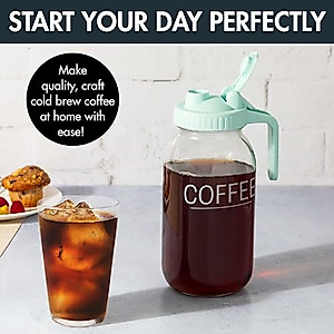 Primula Mason Jar Cold Brew Iced Coffee Maker with Stainless Steel Filter and Easy Pour Lid, Durable Glass Pitcher Fits in Most Fridge Doors, Dishwasher Safe, Made without BPA, 2-Quart, Aqua