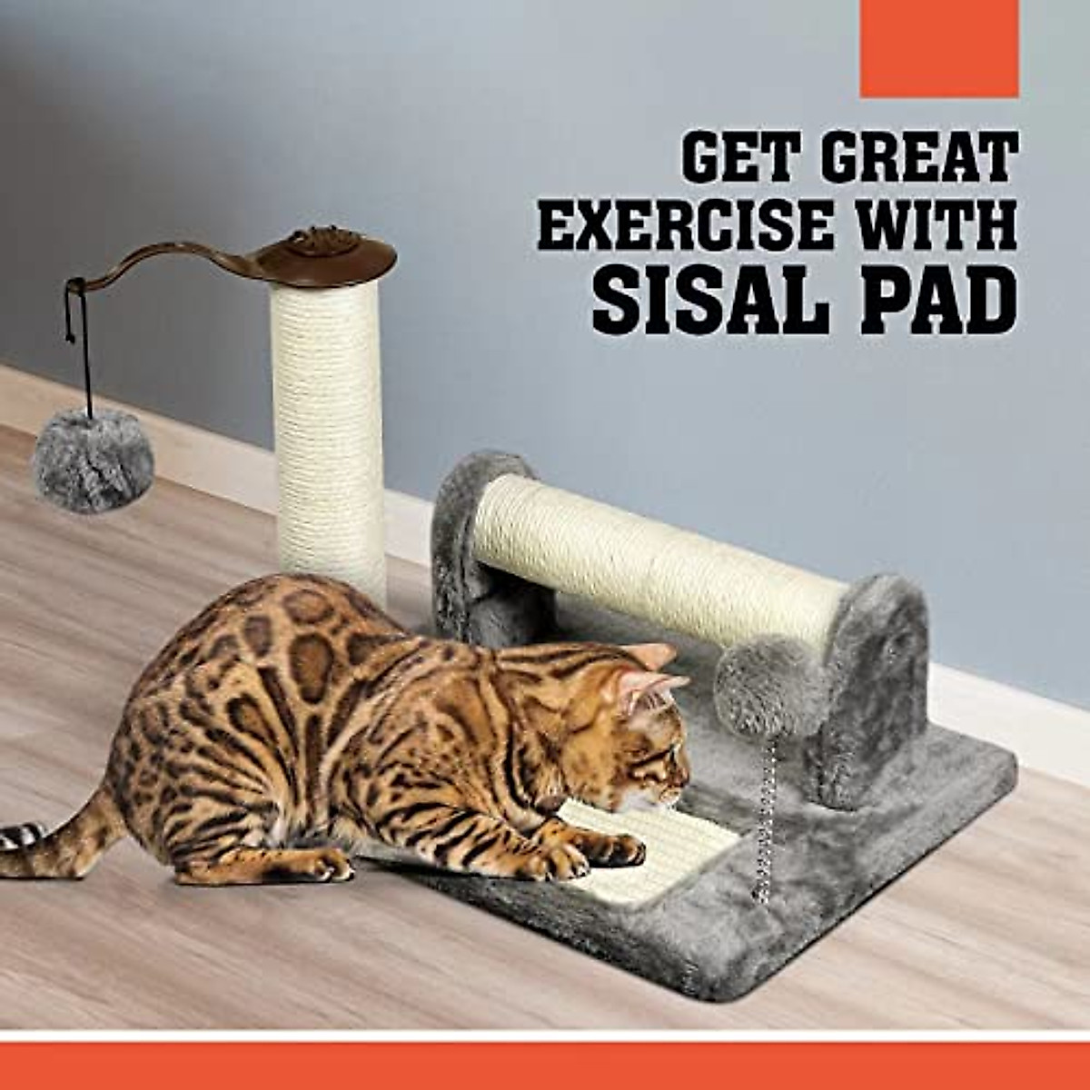 Petellow Cat Scratching Post and Pad, Cat Scratching Posts for Indoor Cats, Natural Sisal-Covered Cat Scratch Post and Pads with Cat Play Ball, Cat Scratcher for Kittens and Cats-Grey