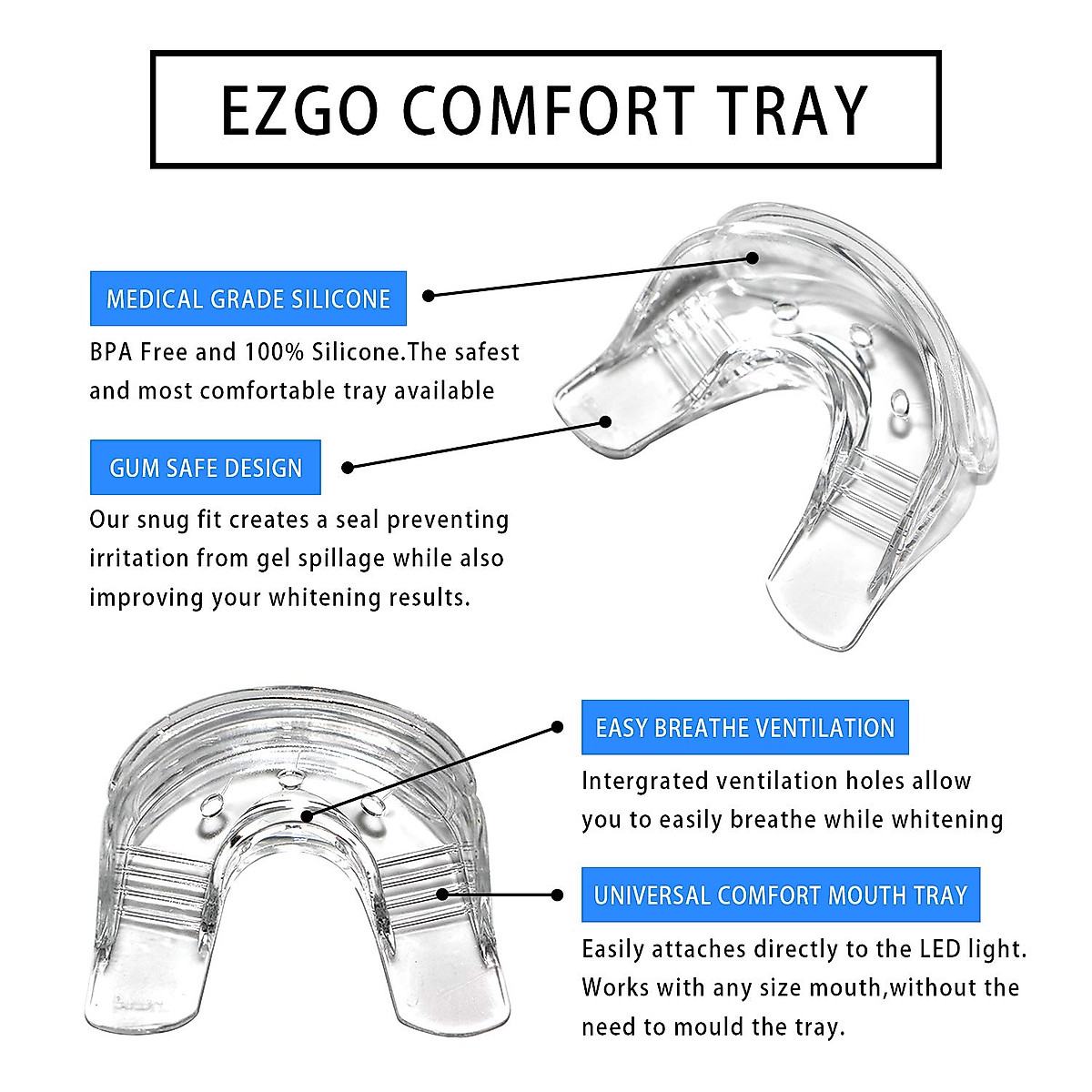 EZGO Teeth Whitening Trays Silicone Tray, Works with Tooth Whitening Light and Bleaching Gel, Comfort for All Mouth, BPA Free Mouth Night Guard for Grinding Teeth, Dental Grade, Retainer Case