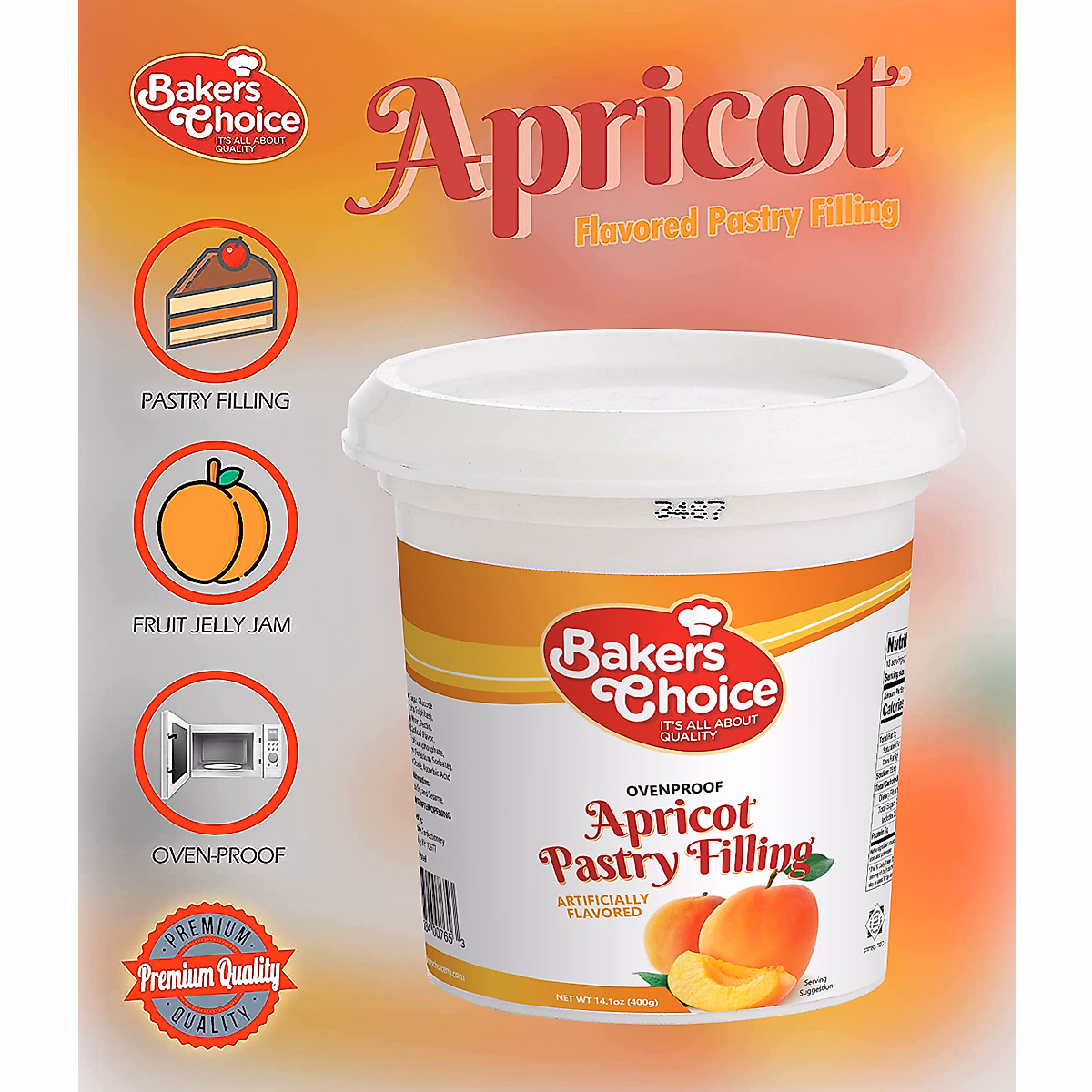 Apricot Jam - 14 oz. - Premium Pastry Filling and Fruit Spread - Oven Proof Apricot Jelly Jams and Preserves for Baking, and Spreading - Dairy Free, Kosher - By Baker’s Choice