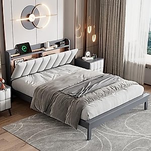 Merax Queen Size Upholstered Platform Bed with USB Charging Station and Storage Upholstered Headboard, LED Bed Frame, No Box Spring Needed, Gray