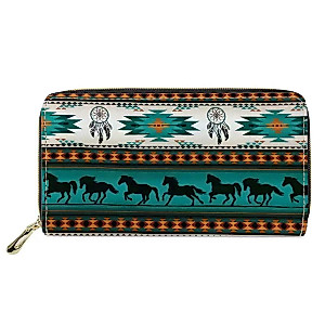 TSVAGA Turquoise PU Leather Wallets Long Style Zip Around with Aztec Horse Printed for Women Girls Travel Shopping Daily Use Hand Purse RFID Blocking Cluch Bag Credit Card,Coin Storage Money Clip