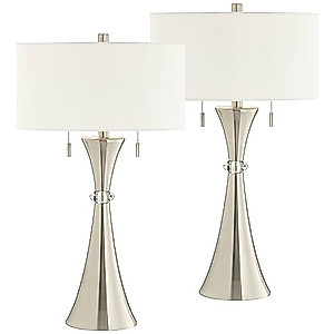360 Lighting Rachel 28" Tall Concave Column Modern Table Lamps Set of 2 Pull Chain WiFi Smart Socket Silver Metal Living Room Bedroom Bedside Nightstand House Office Home Reading White Shade