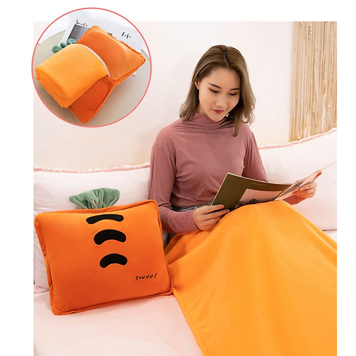 Rikyo 15" Stuffed Fruit Travel Blanket and Pillow Set,3 in 1 Plush Stuffed Hugging Pillow with Warming Hands Pillow Blanket for Kids Gift Travel Airplane Train Bed Office Nap (Pink - Strawberry)