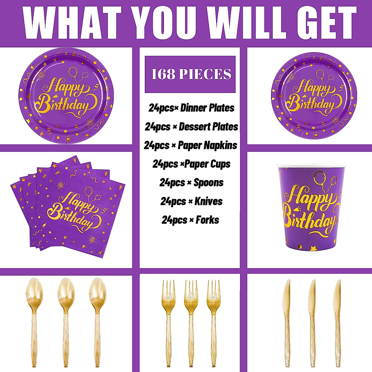 168PCS Purple Birthday Decorations, Purple and Gold Birthday Plates and Napkins Party Supplies--Disposable Purple Birthday Paper Plates,Cup,Napkin,Cutlery for Purple and Gold Birthday Party Decoration