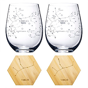 The Wine Savant Set of 2 Zodiac Sign Wine Glasses with 2 Wooden Coasters Astrology Drinking Glass Set with Etched Constellation Tumblers for Juice, Water Home Bar Horoscope Gifts 18oz (Virgo)