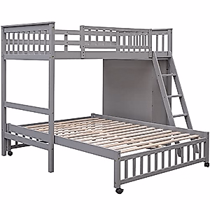 Harper & Bright Designs Twin Over Full Bunk Bed with Storage, Solid Wood Bunk Bed with 6 Drawers and 3 Flexible Shelves, Movable Bottom Bed with Wheels, for Kids Teens Adults (Gray)