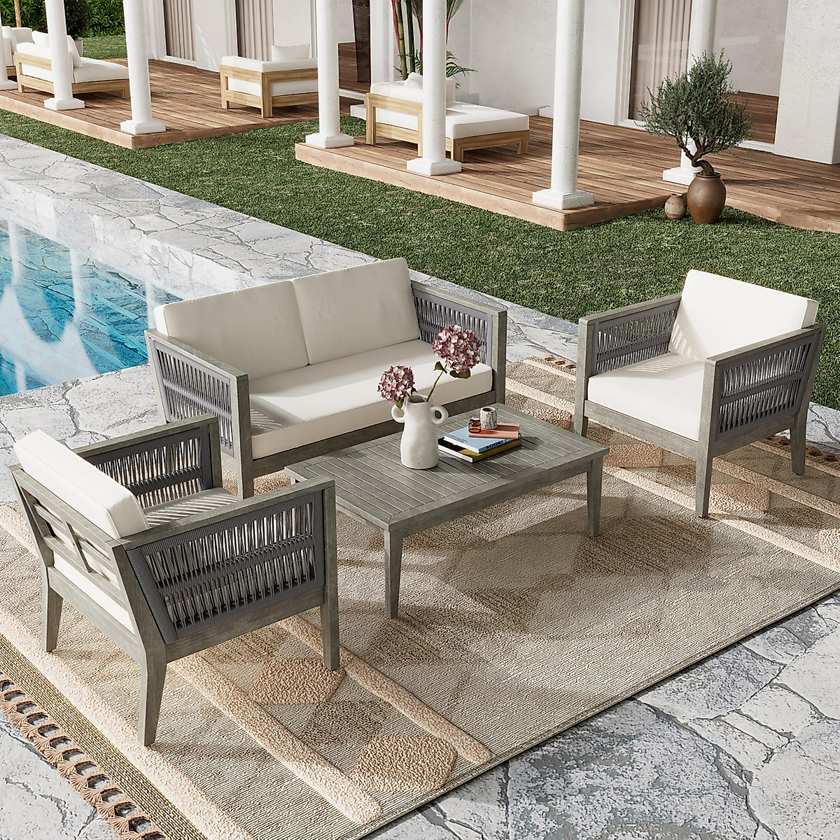 Christopher Knight Home Outdoor Acacia Wood Patio Set, 4-Pieces Patio Conversation Set, Outdoor Furniture with Coffee Table, Patio Deep Seating with Cushion, Porch Chairs for Garden, Grey+Beige