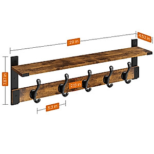 Homode Coat Rack Wall Mount, 29 Inch Long Shelf with Hooks, Wood Entryway Shelf with 5 Hangers for Hanging Hat Jacket Backpack Purse, Rustic Brown Black