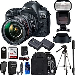 Camera Bundle for Canon EOS 5D Mark IV DSLR Camera w/ 24-105mm USM Lens + Digital TTL Flash, Backpack, 128GB High Speed Memory Card, Extra Battery + Professional Bundle (Renewed)
