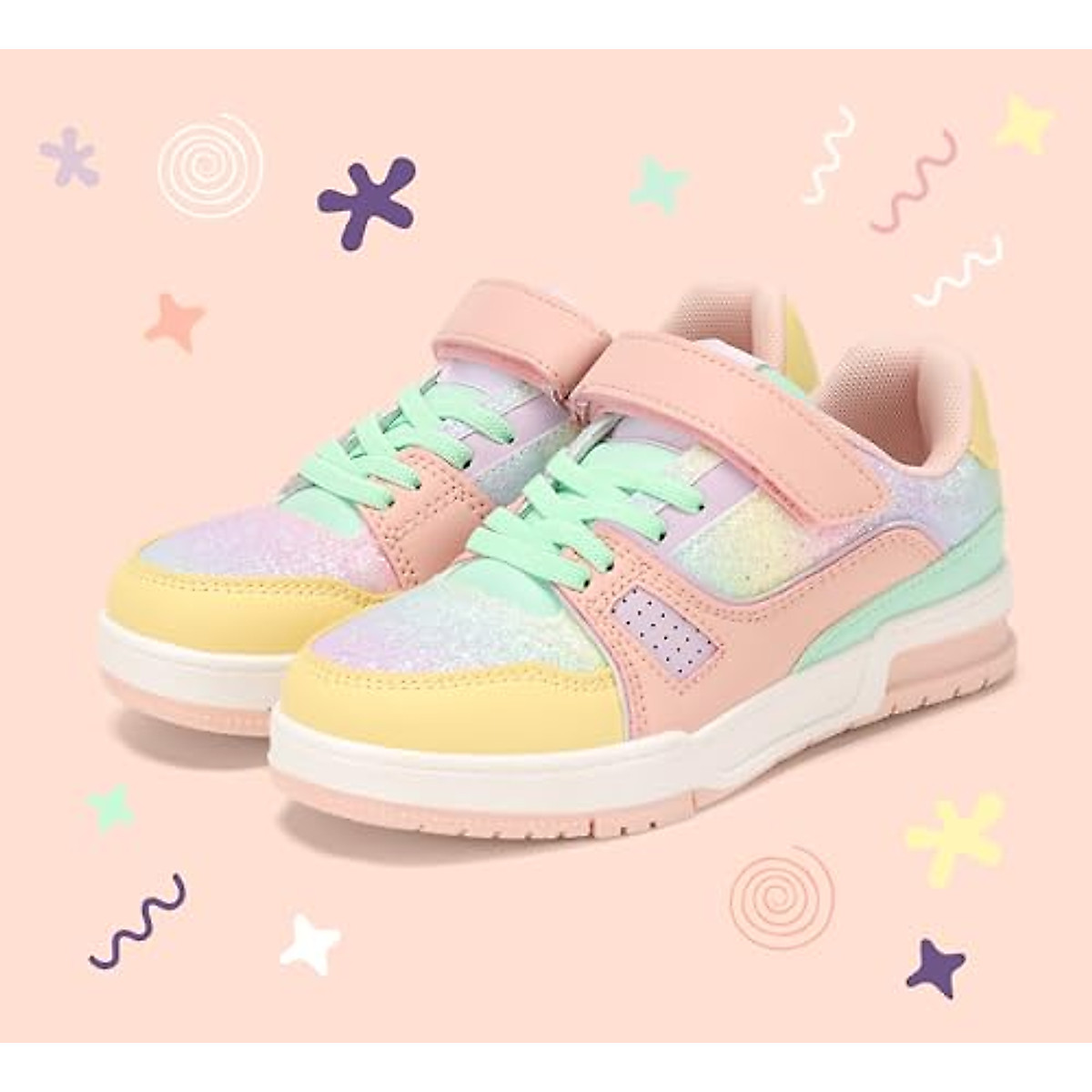 LUCKY STEP Children/Kids/Boys/Girl Comfort Casual School Low Top Sneaker Strap Athletic Tennis Running Shoes (Pink/Rainbow,Little Kids 2)