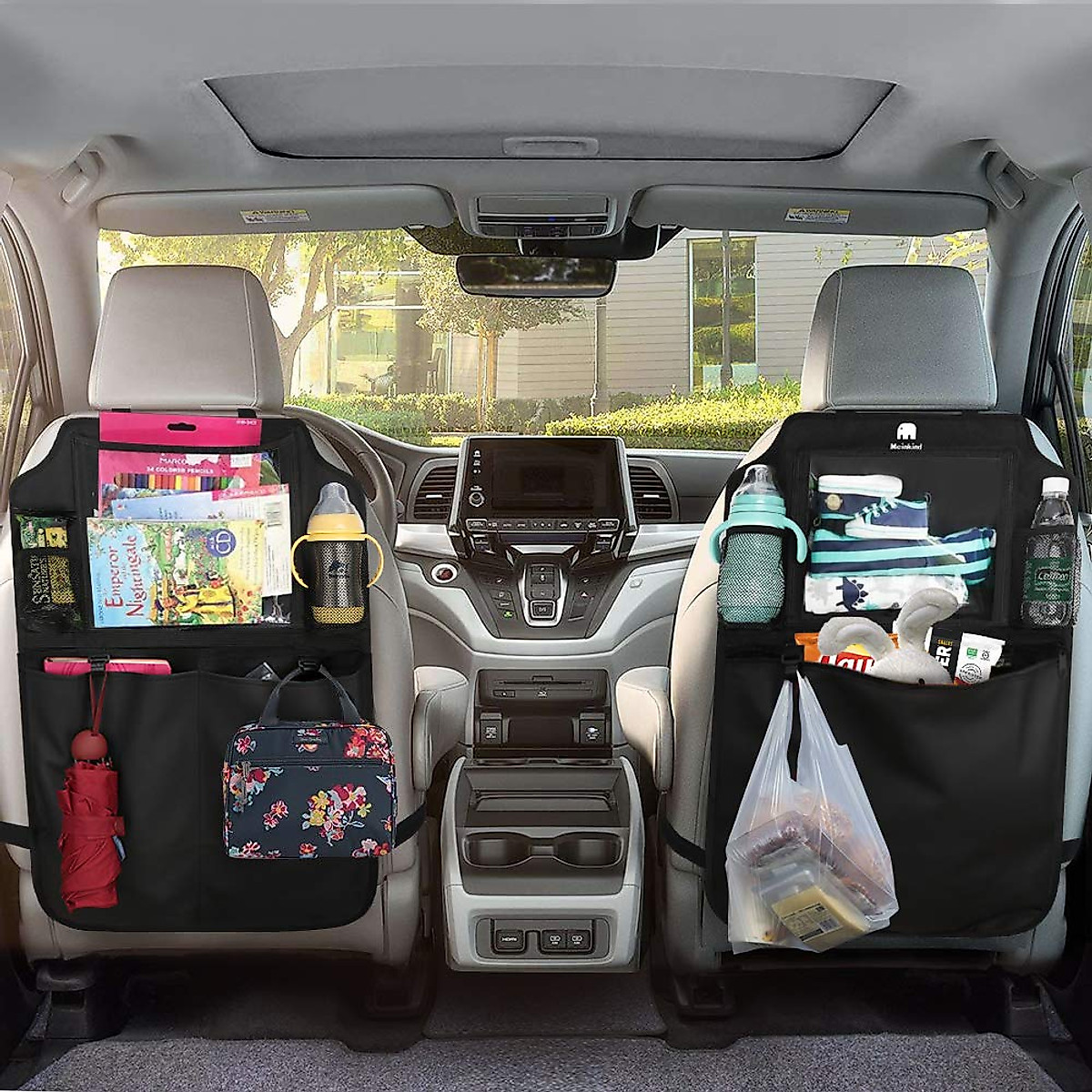 Meinkind Car Backseat Organizer, 2-Pcs Car Seat Protector Back Seat Organizer Kick Mats with Clear Screen Tablet Holder, Water-Proof Car Seat Organizer, Travel Organizer for Kids and Toddler, Black