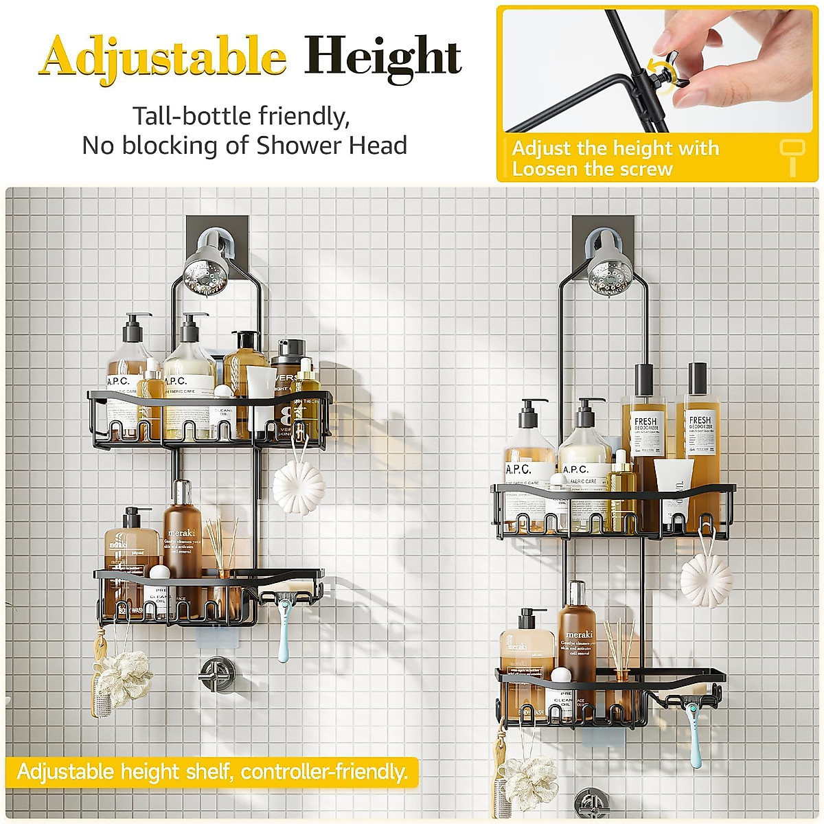 Skyapex Shower Caddy Hanging Shelf: Over Shower Head Adjustable Height Organizer for Tall Bottle No Blocking to Showerhead - Extra Long Rack for Bathroom