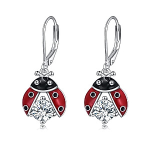 POPLYKE Ladybug Earrings for Women 925 Sterling Silver Ladybug Leverback Earrings Jewelry Ladybug Cubic-Zirconia (Red Ladybug)