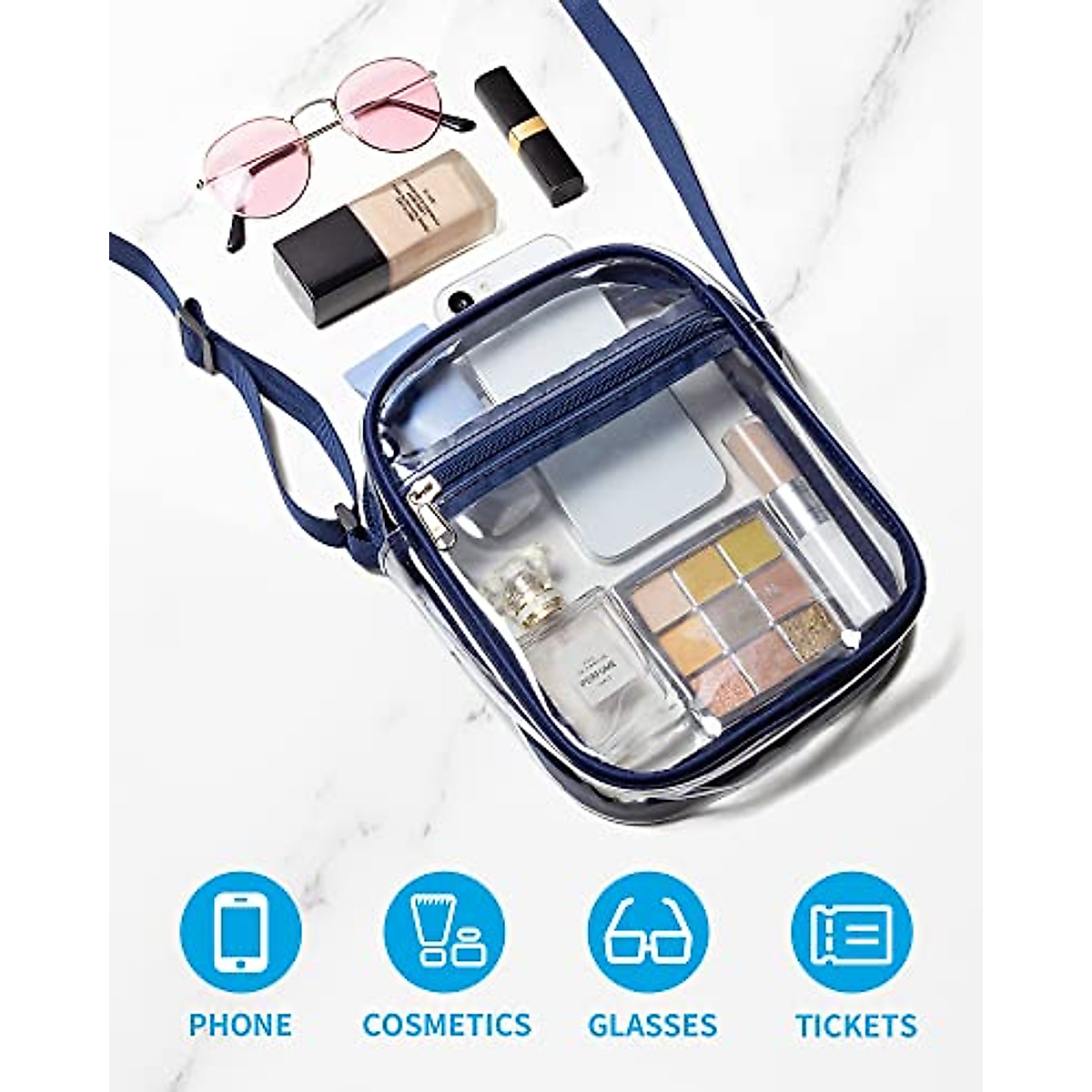 Vorspack Clear Bag Stadium Approved - PVC Clear Purse Clear Crossbody Bag with Front Pocket for Concerts Sports Festivals - Navy Blue