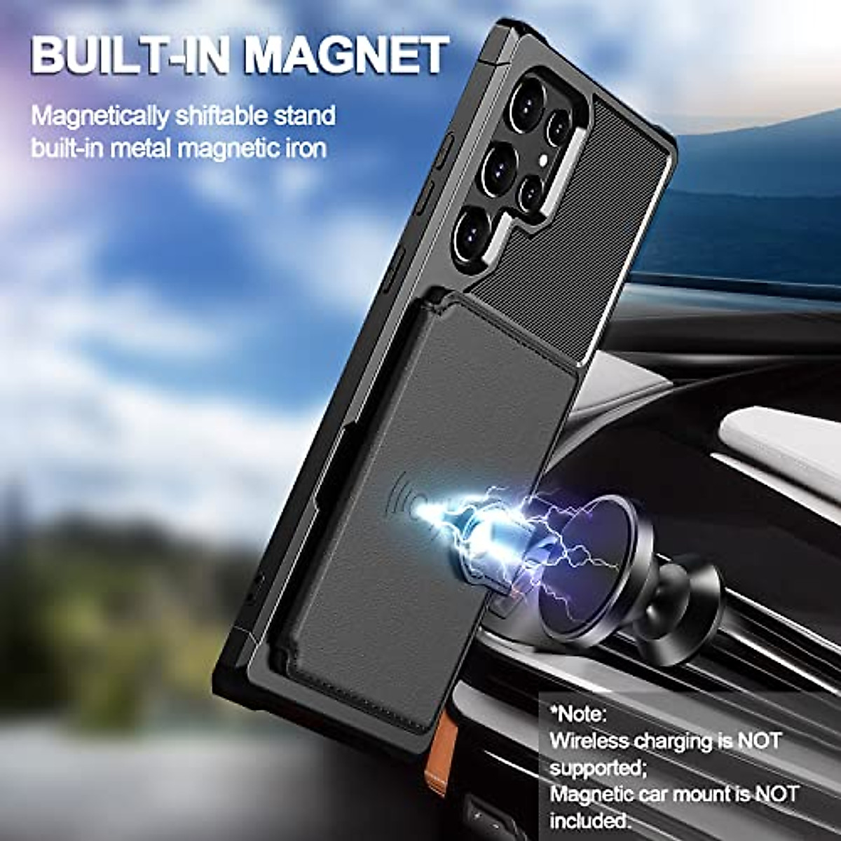 GooseBox for Galaxy S22 Ultra Case with Card Holder, Magnetic Car Mount [RFID Blocking] Shock-Resistant Soft TPU + Leather Double Layers Protection Wallet Case for Galaxy S22 Ultra 2022(Black)