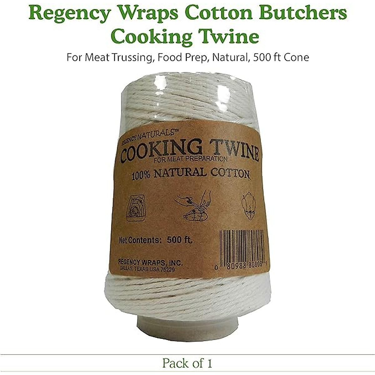 Regency Wraps Cotton Butchers Cooking Twine For Meat Trussing, Food Prep, Natural, 500 ft Cone (Pack of 1)