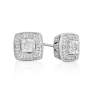 NATALIA DRAKE 1/10 Carat Total Weight Square Halo Small Diamond Stud Earrings for Women in Rhodium Plated 925 Sterling Silver Color IJ/Clarity I2-I3
