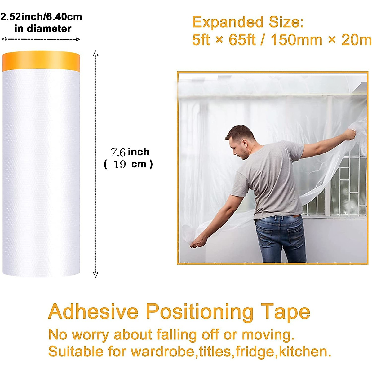 Painters Plastic With Tape, Pre-Taped Masking Film, 3 Rolls Automotive Best Tape and Drape, Paint Adhesive Protective Film Roll for Covering Skirting, Frames, Cars and Auto Body (5 X 65-Feet) (3)