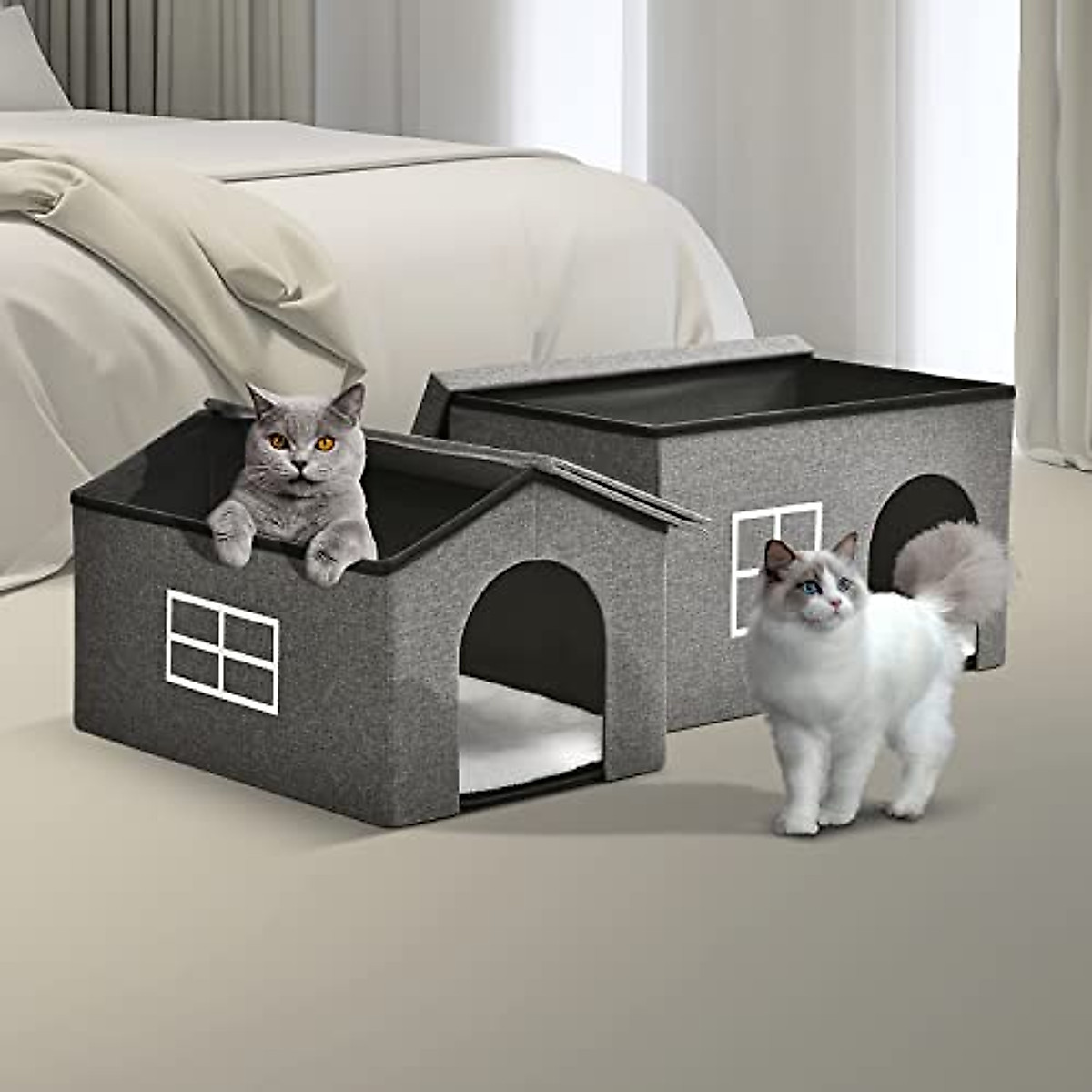 APEXCHASER 2-Tier Cat House, Large Fabric Cubes for Pets Collapsible Warm Cat Condo for Indoor, Cat Shelter with Removable Mat, Easy to Assemble and Storage