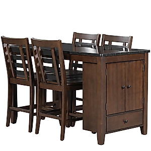 KLMM Retro Solid Wood 5-Piece Counter Height Dining Table Set with Faux Marble Tabletop,Storage Cabinet and Drawer,for Small Places Dining Room Use (Dark Walnut@Drawer)