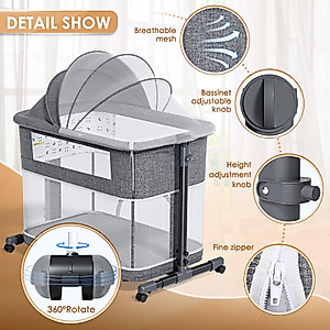 Ixdregan 3 in 1 Baby Bassinet - Baby Bedside Bassinet with Wheels and Mosquito Net, Included Storage Bag & Adjustable Height, Upgrade Thickened Cushion Baby Bedside Crib for Newborn Infant (Grey)