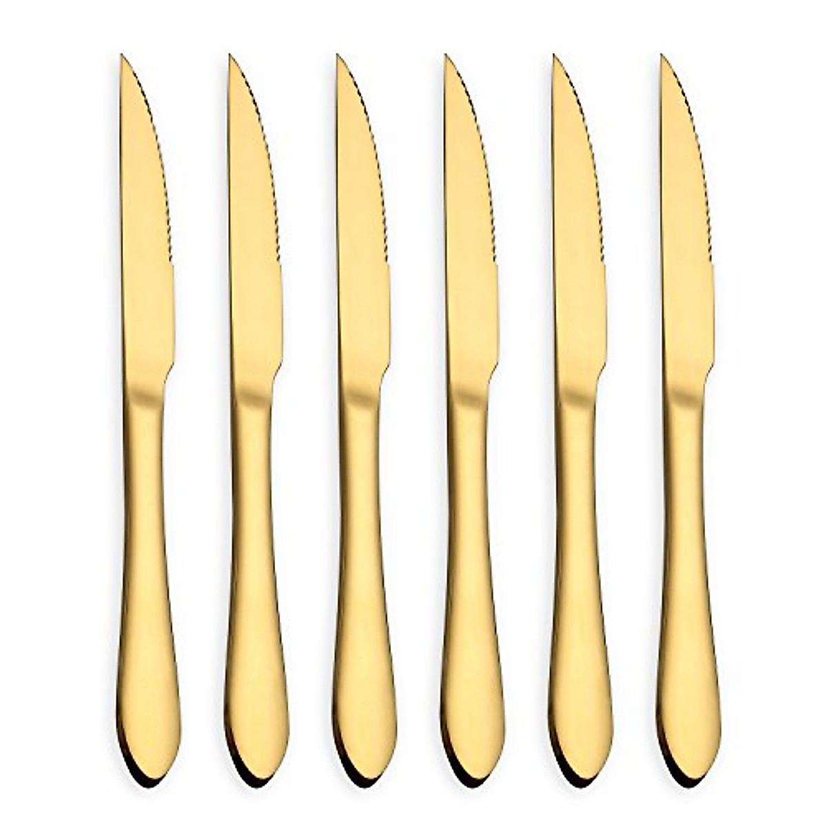HOMQUEN Gold Steak Knife Set, Stainless Steel and Durable Comfortable Grip Handle, Mirror Polish and Gold Titanium Plated, for Pizza or Steak (Gold, Set of 6)