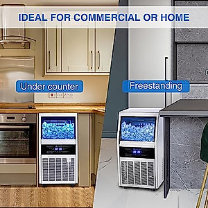 Zomagas Commercial Ice Maker Machine, 80-90LBS/24H Under Counter Ice Maker, Stainless Steel Freestanding Ice Machine with 28LBS Bin, Self-Cleaning, Scoop, Ideal for Home Bar Offices