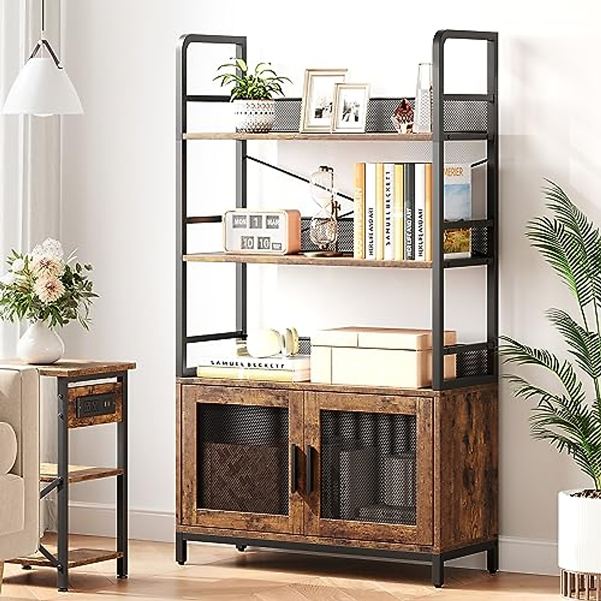IDEALHOUSE Bookshelf with Doors Industrial Bookcase with 3 Tiers Open Storage Shelves Rustic Bookshelves Tall Display Rack Cabinet Farmhouse Bookshelf for Bedroom, Living Room, Home Office, Brown