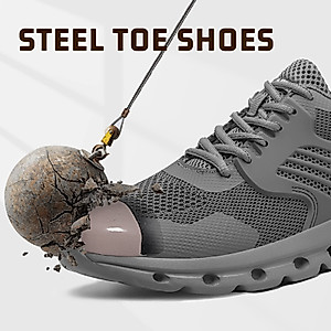 Steel Toe Sneakers for Men Women Lightweight Air Cushion Safety Shoes Breathable Steel Toe Shoes Comfortable Work Shoes Grey