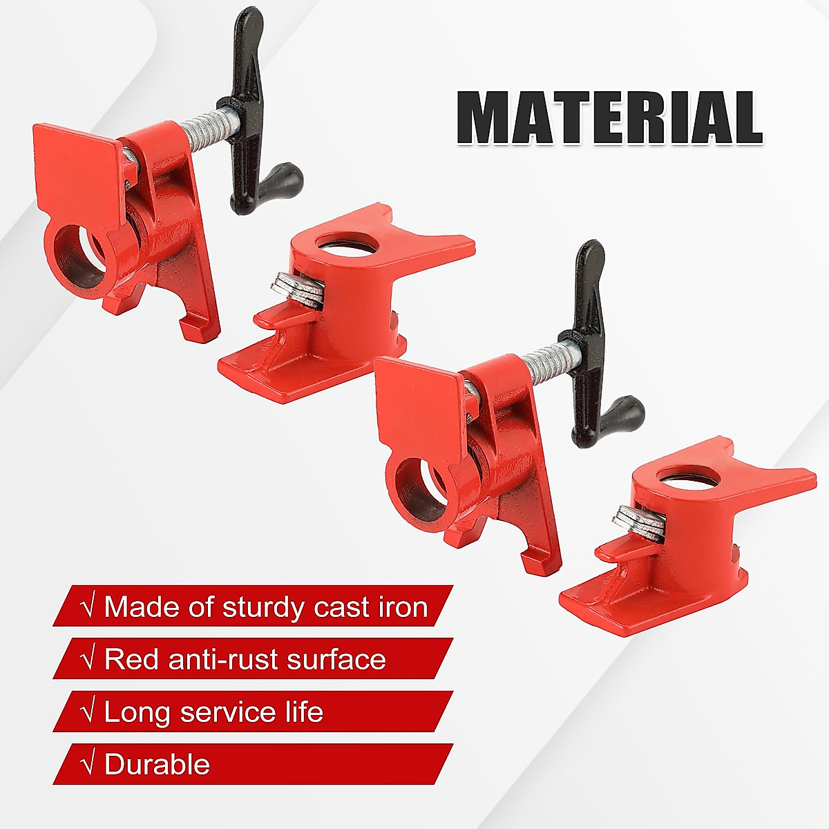 FLKQC 3/4" Wood Gluing Pipe Clamp Set with Unique Foot Design Red Heavy Duty Bar Clamps Cast Iron Quick Release Pipe Clamp Tools for Woodworking (6)