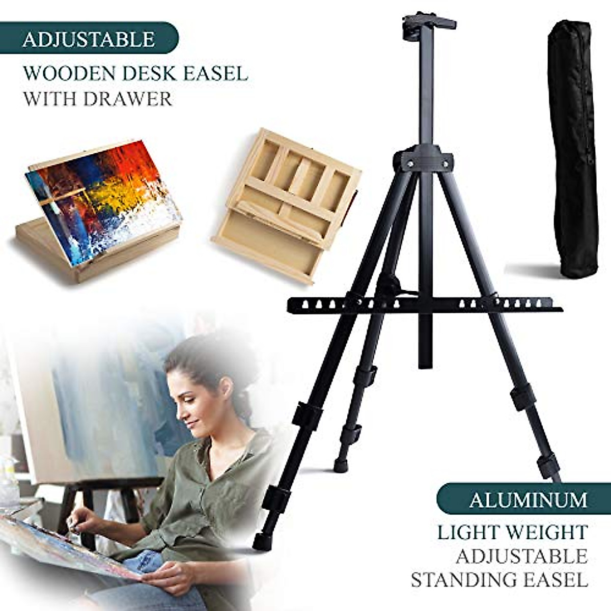 Large Deluxe Artist Painting Set, 139-Piece Professional Art Paint Supplies Kit w/Aluminum Field & Wood Table Easel for Adults, Acrylic, Oil & Watercolor Paints, Brushes, Canvases, Sketch Pads & More