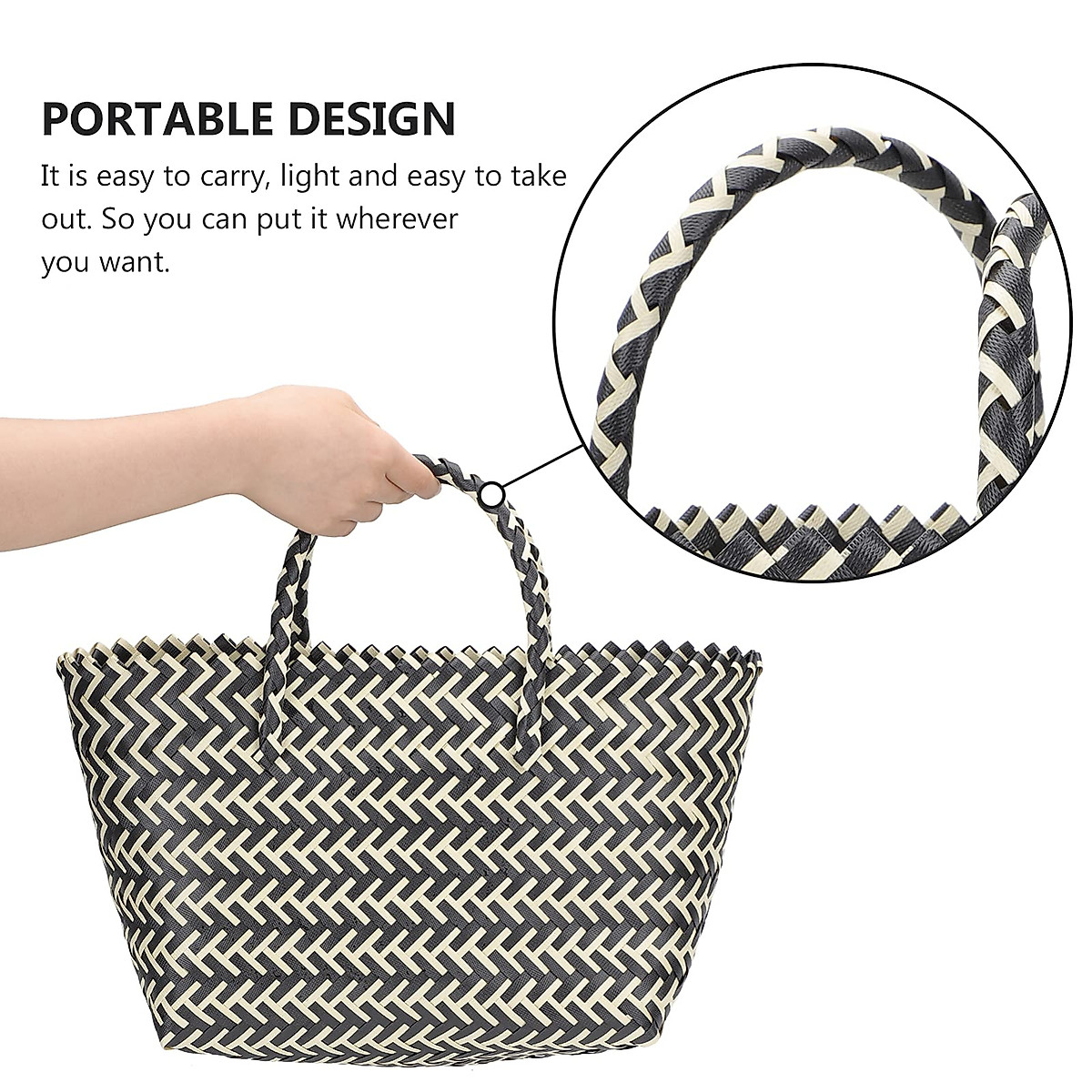 Cabilock Women's Clutch Handbags Summer Rattan Bag Straw Tote Bags Handbags Moroccan Market Basket French Wicker Basket Fruit Vegetables Shopping Bag with Handle for Beach Summer Black Beach Tote