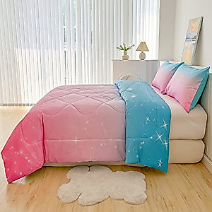 Rainbow Pink Glitter Stars Kids Comforter Set for Girls Queen Size Bedding Set 3 Piece Bed in A Bag Lightweight Quit Blue Gradient Sparkle Mermaid Galaxy Duvet Set for Kids Boys with 2 Pillowcases