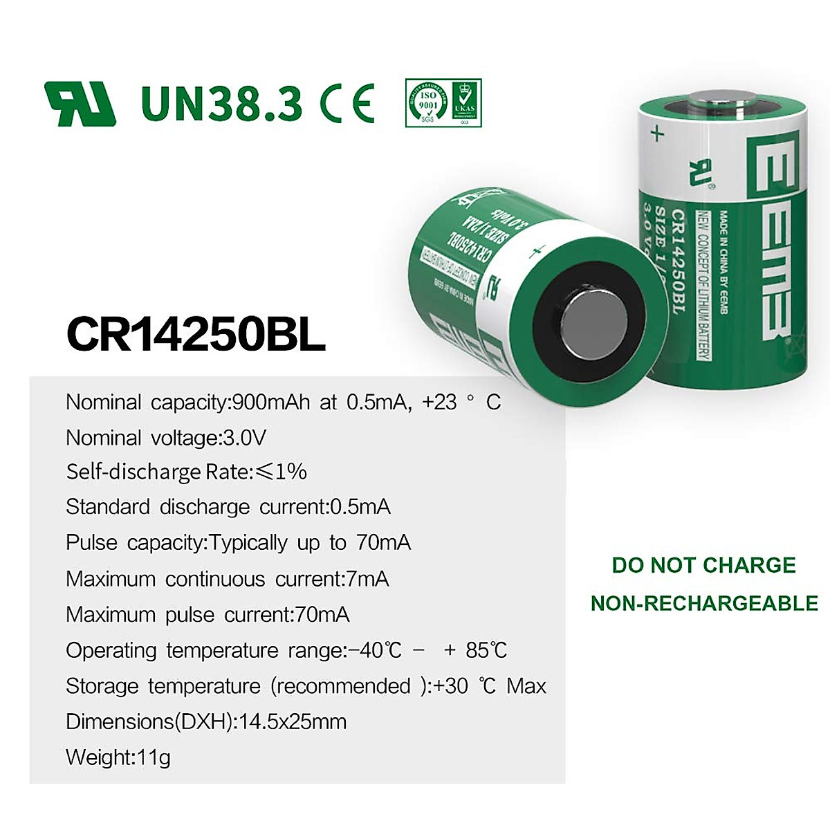 EEMB CR 1/2 AA Series Lithium 3 V 900 mAh Cylindrical Battery CR14250BL 14250SE Not Rechargeable for Scuba Diving Electronics Specialized Laboratory Equipment UL Certified