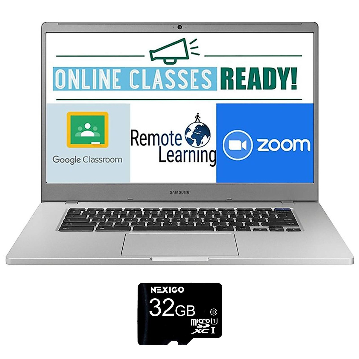 SAMSUNG 2021 Chromebook 15.6 Inch Laptop| FHD 1080P Display| Intel Celeron N4000 up to 2.6 GHz| 4GB RAM| 128GB eMMC| Bluetooth| Chrome OS + NexiGo 32GB MicroSD Card Bundle
