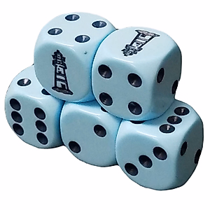 Azty Solutions Set of 5 Lighthouse Light Blue Dice Round Corner Opaque 16mm Black Spots in Snow Organza Bag