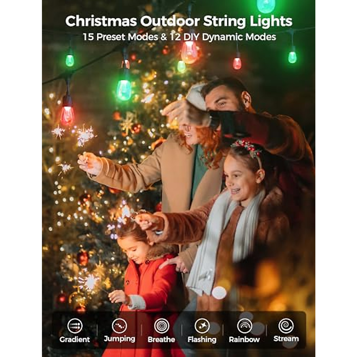 XMCOSY+ Patio Lights, 49Ft Smart Outdoor String Lights RGBW, 15 LED Bulbs, APP & WiFi Control, Compatible with Alexa, IP65 Waterproof String Lights for Outside, Color Changing Outdoor Patio Lights