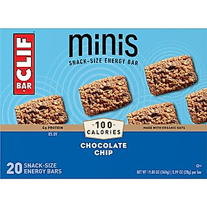 Clif Bar Minis - Chocolate Chip - Made with Organic Oats - 4g Protein - Non-GMO - Plant Based - Snack-Size Energy Bars - 0.99 oz. (20 Pack)