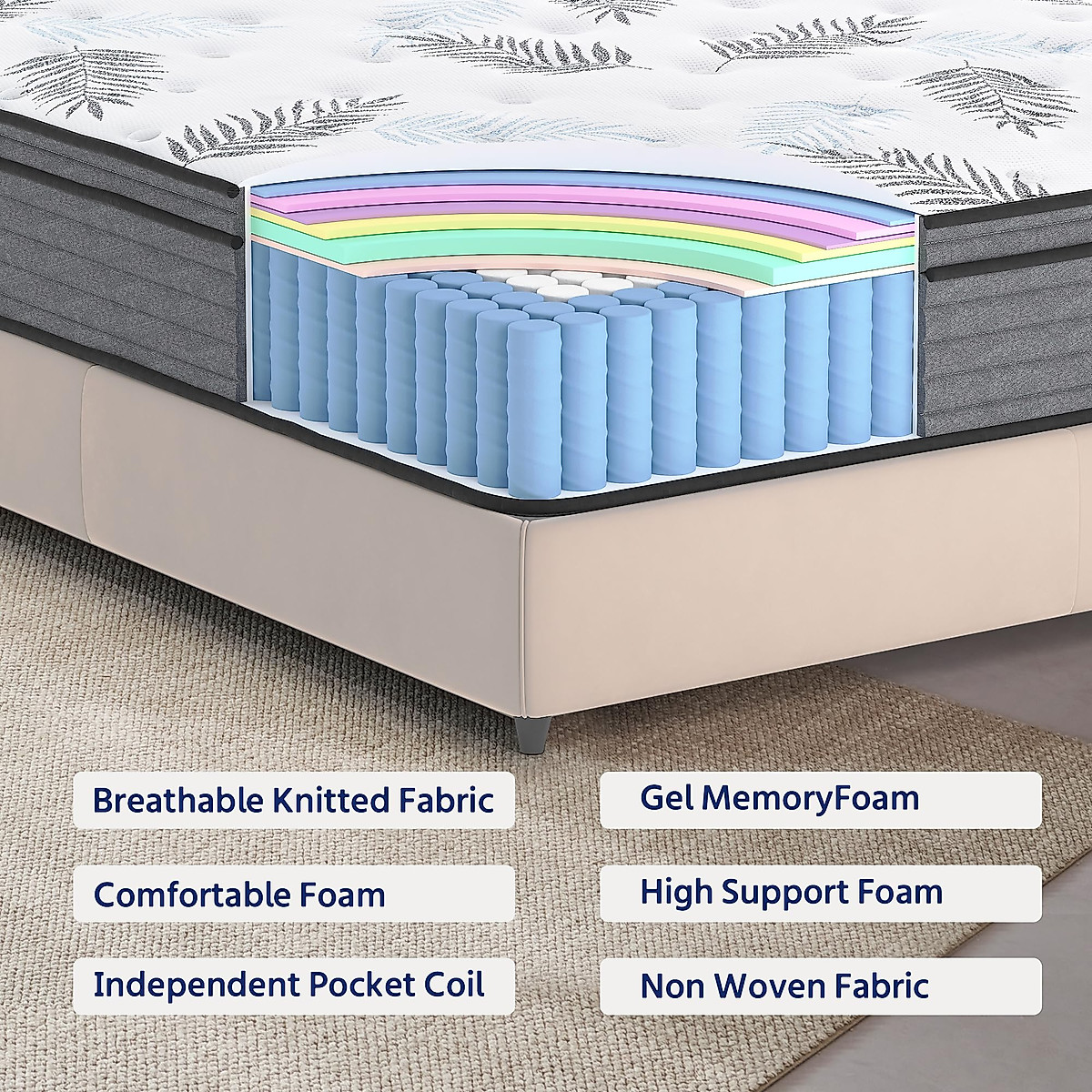 12 Inch Queen Mattress, Firm Supportive Mattress Designed with Tight Line & Thick Foam Edges for Back Sleepers & Stomach Sleepers, Euro Top Hybrid Memory Foam Mattress with Enhanced Pocket Spring